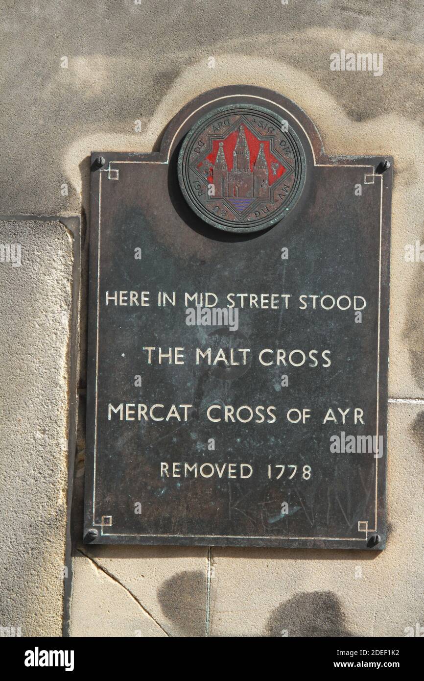 Ayr, Ayrshire, Scotland, UK. Plague on wall pointing out former ...