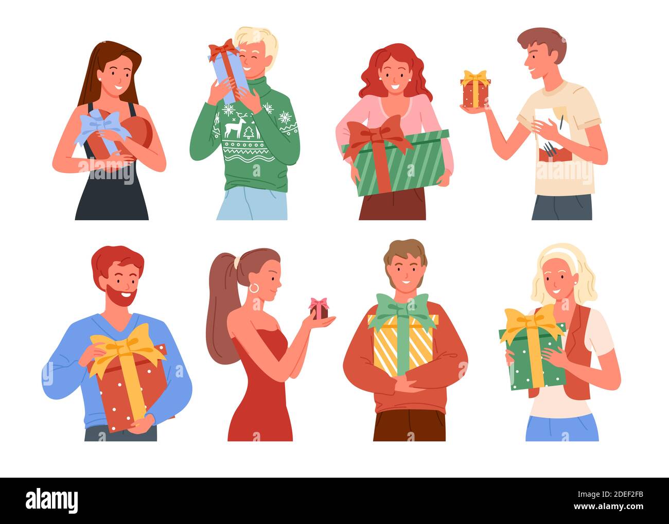 Vector illustration people holding presents, Christmas gift boxes ...