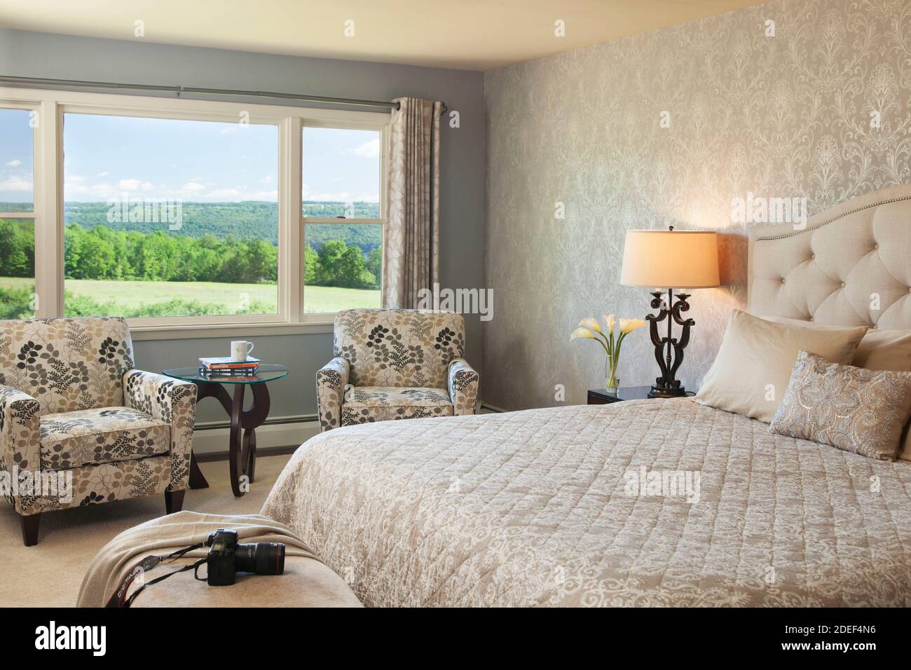 Bedroom interior with view and camera Stock Photo - Alamy