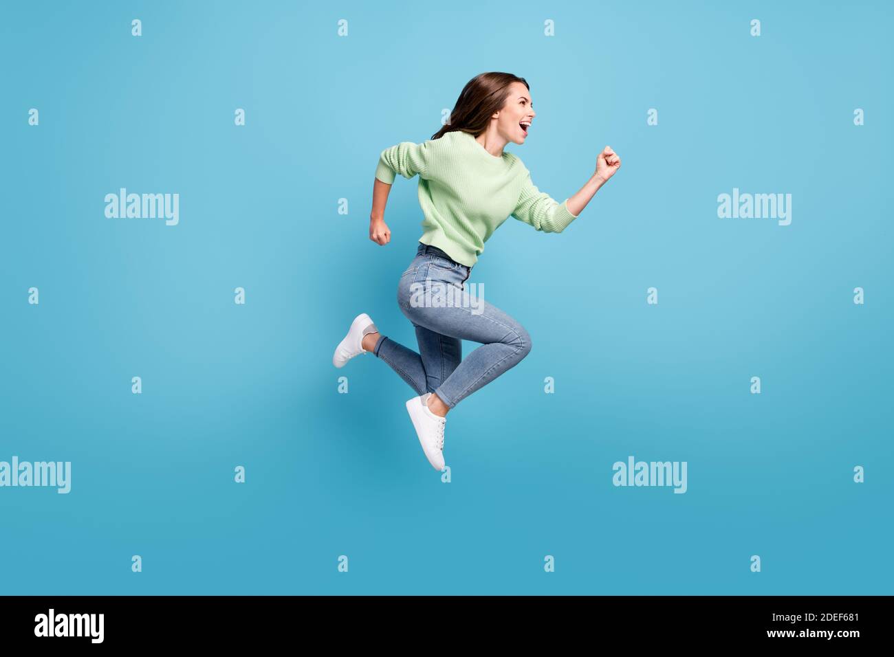 Full length body size side profile photo of active positive girl ...