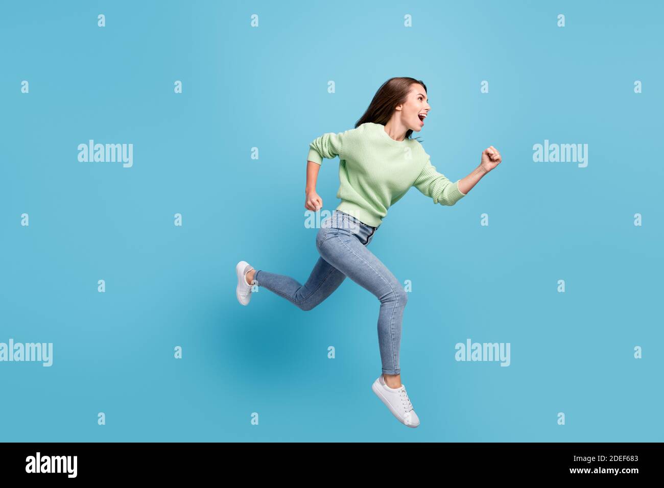 Full length body size side profile photo of cheerful female student ...