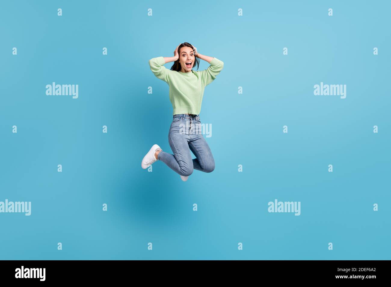 Full length body size photo of impressed amazed shocked female student ...