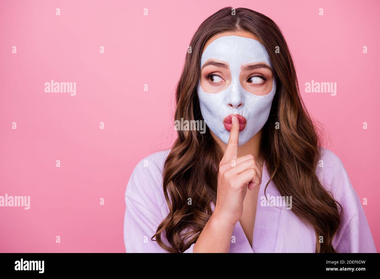 Be quiet, Photo portrait of nice girl with skincare facial mask keeping ...