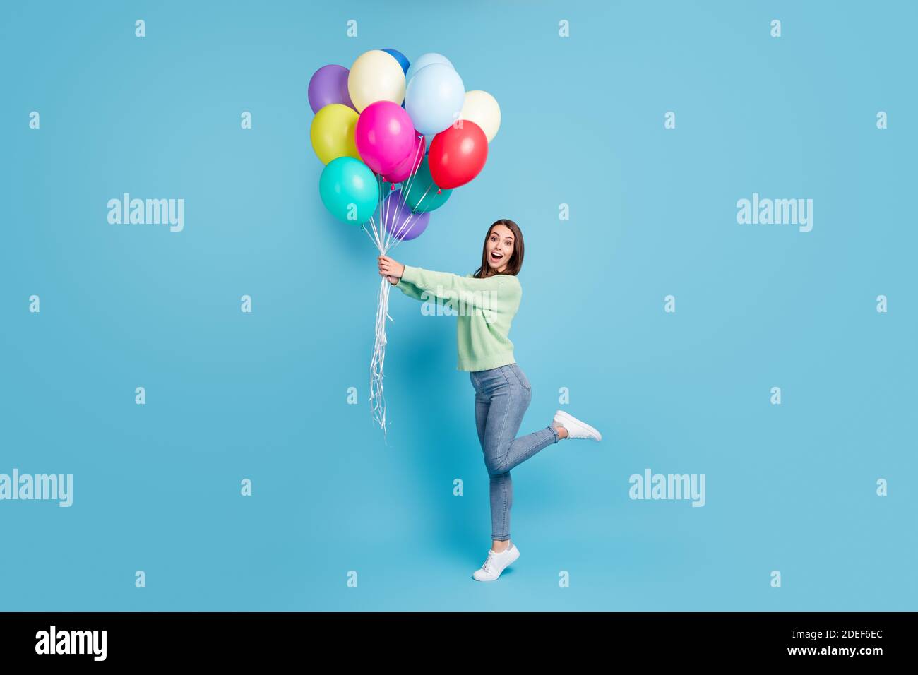 Full length body size side profile photo surprised impressed female ...