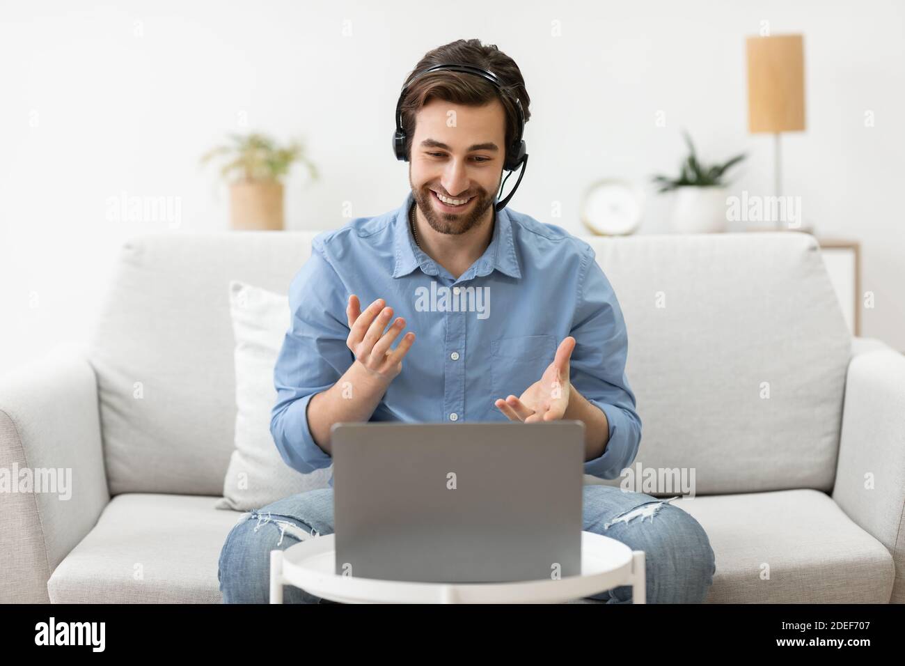 Businessman At Laptop Watching Educational Business Webinar Wearing ...