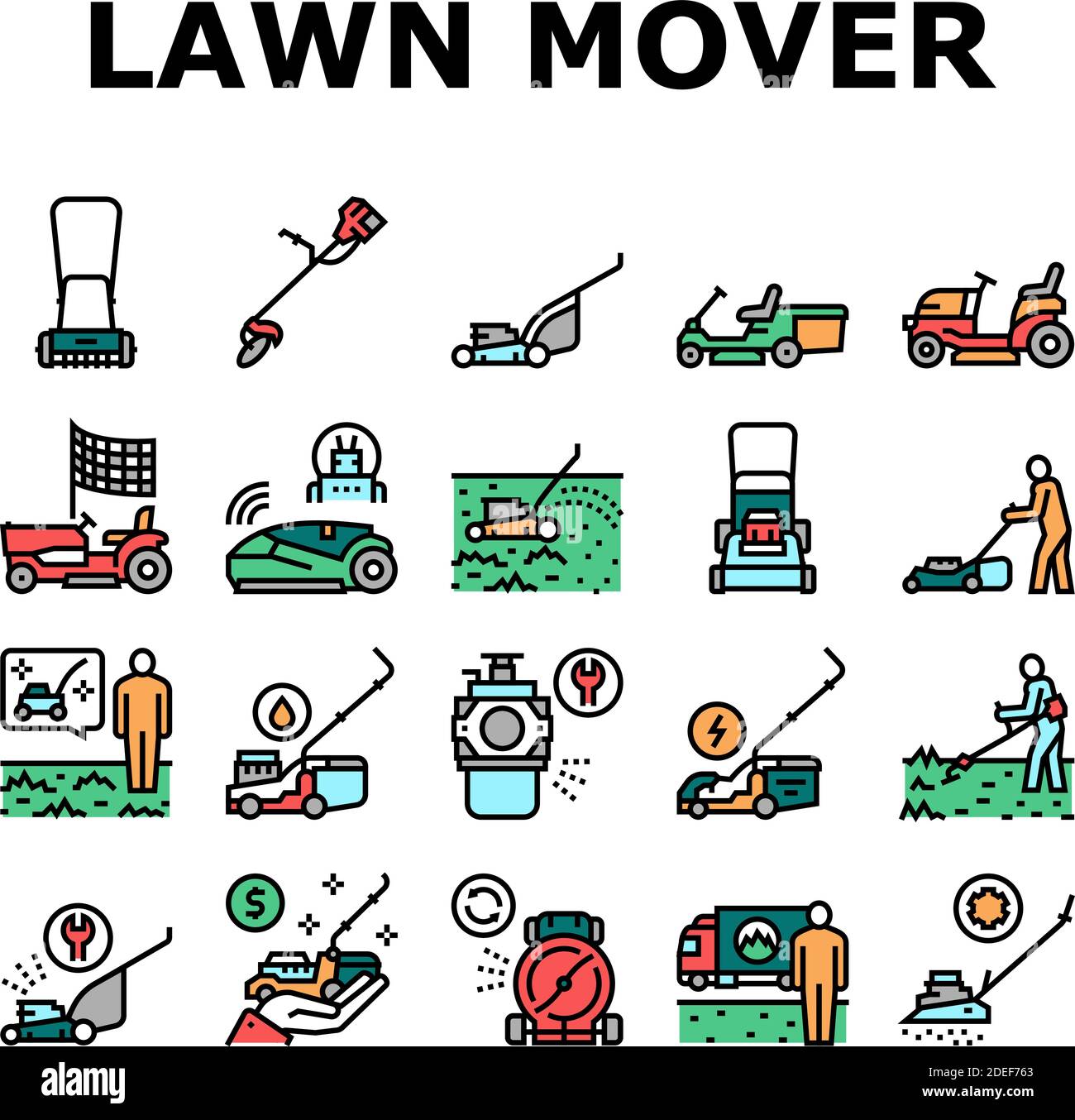 Lawn Mower Equipment Collection Icons Set Vector Stock Vector Image ...