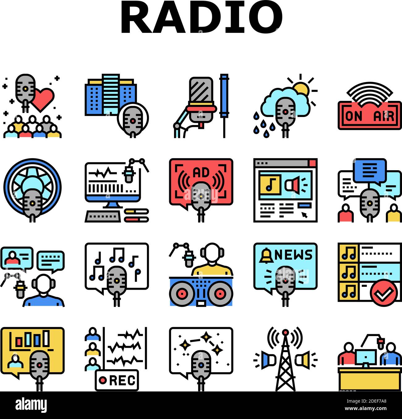 Radio Studio Podcast Collection Icons Set Vector Stock Vector Image ...