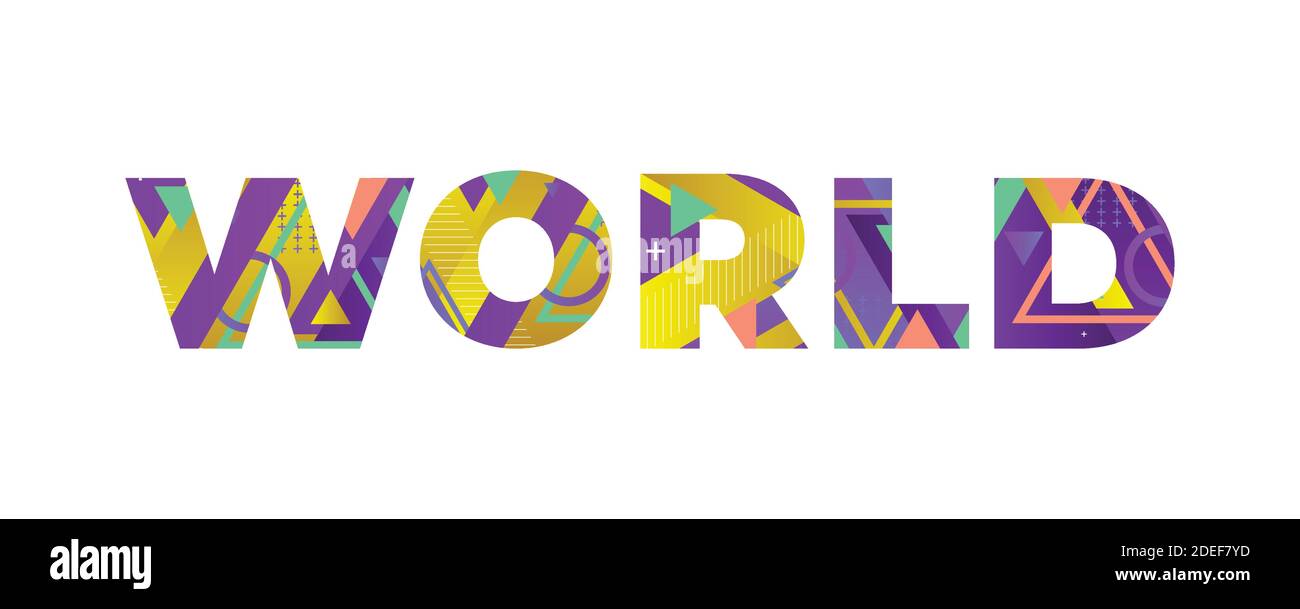 The word WORLD concept written in colorful retro shapes and colors ...