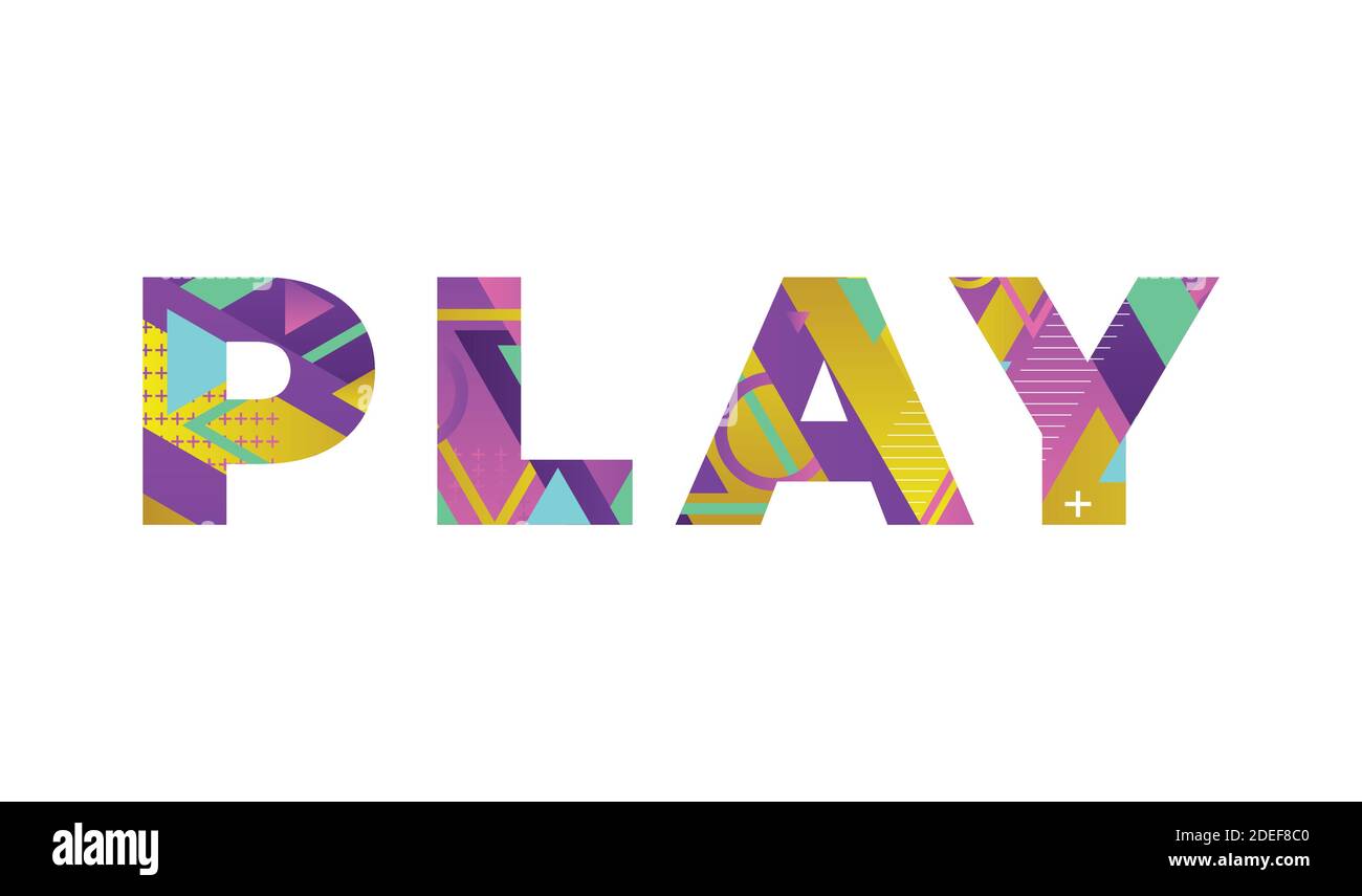 The word PLAY concept written in colorful retro shapes and colors ...