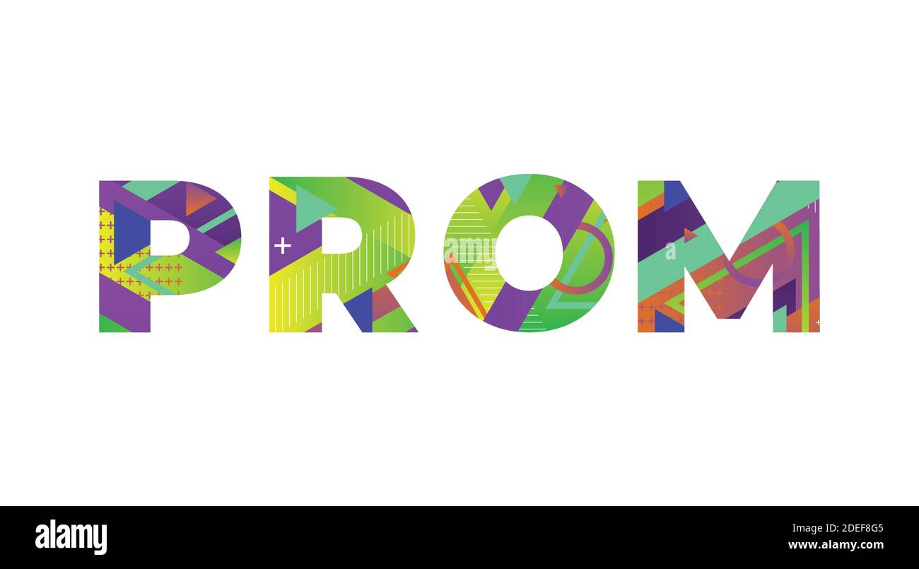 The word PROM concept written in colorful retro shapes and colors ...