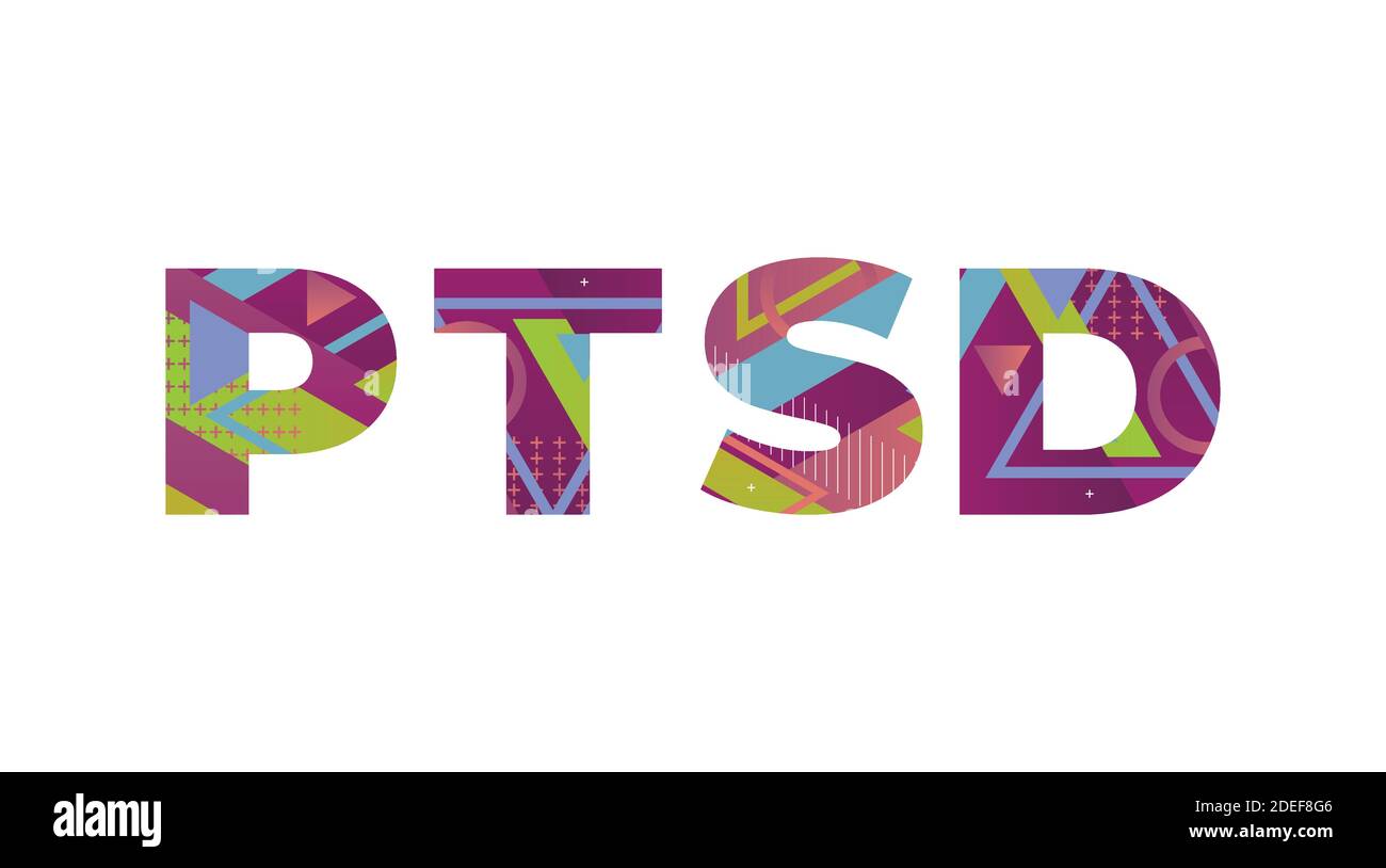 The word PTSD concept written in colorful retro shapes and colors ...