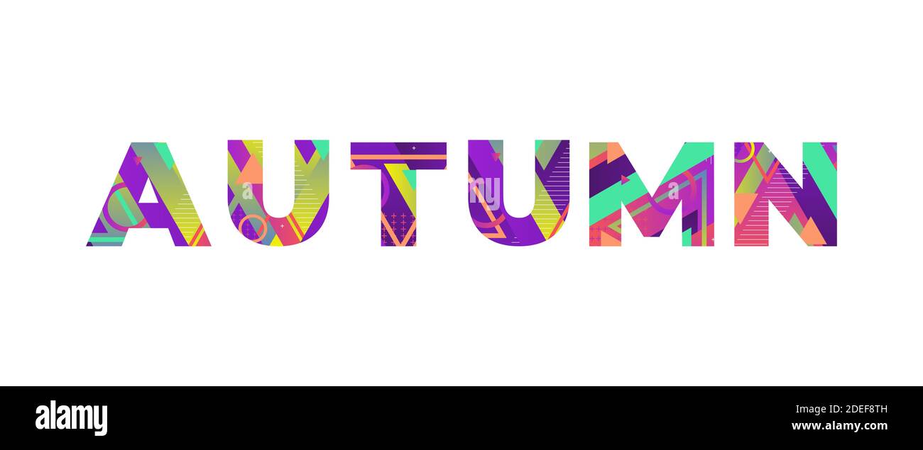 The word AUTUMN concept written in colorful retro shapes and colors ...