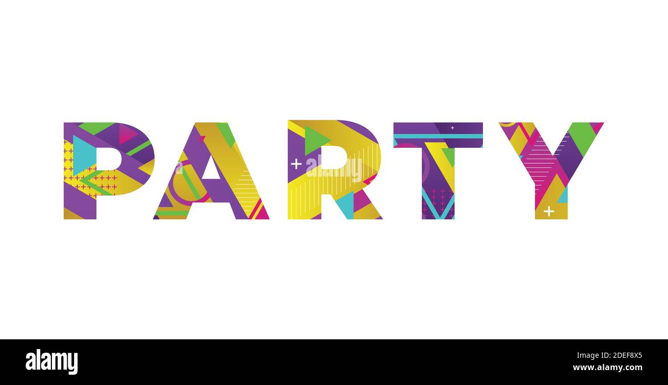 The word PARTY concept written in colorful retro shapes and colors ...