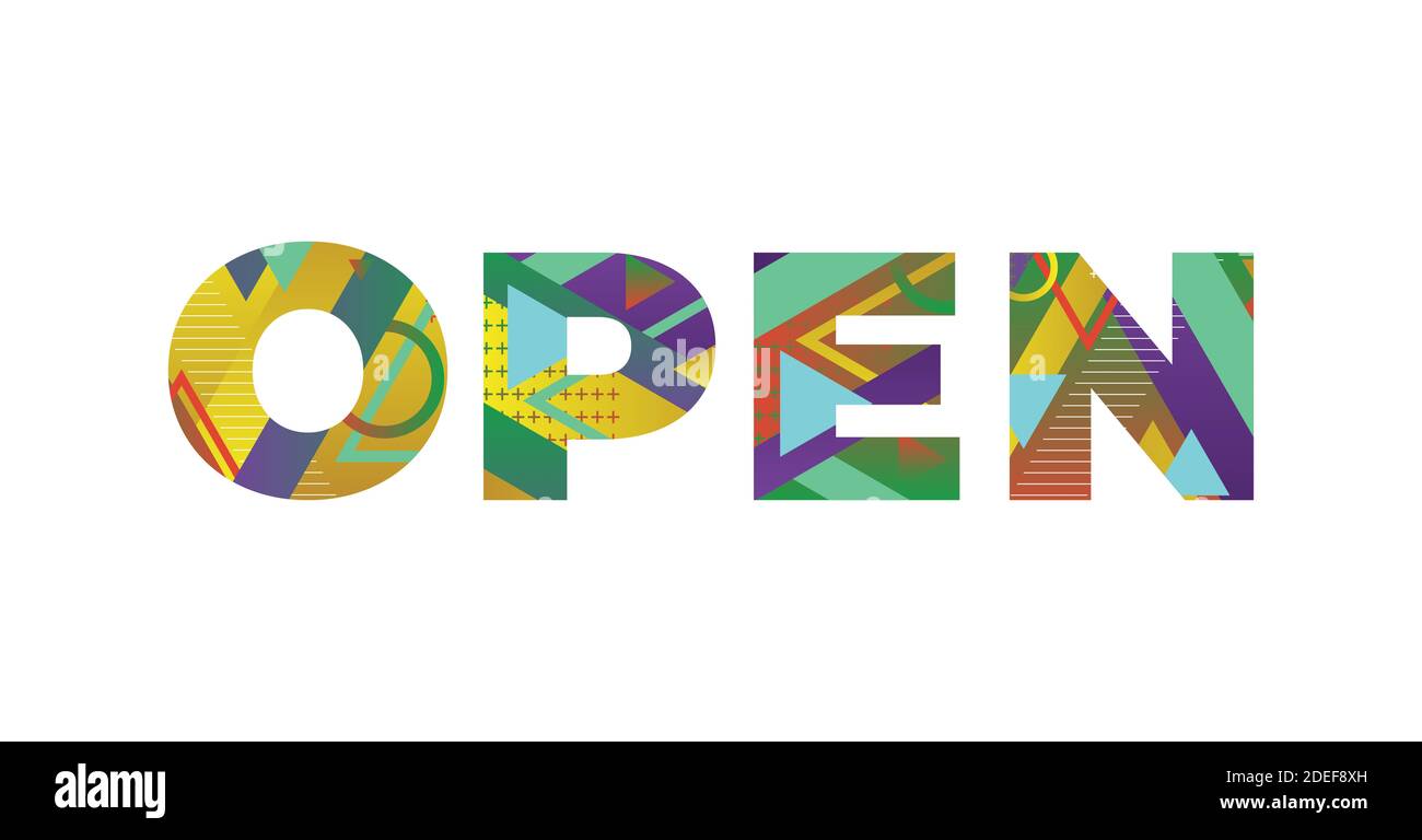 The word OPEN concept written in colorful retro shapes and colors ...