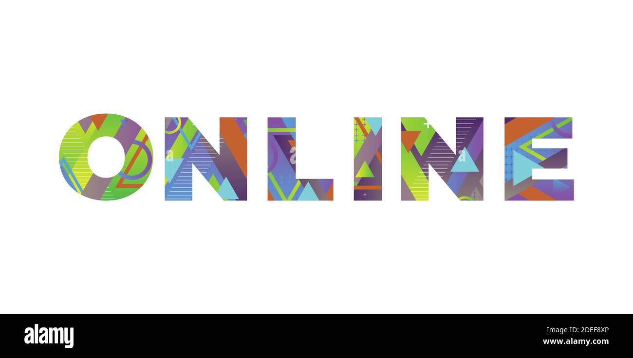 The word ONLINE concept written in colorful retro shapes and colors ...