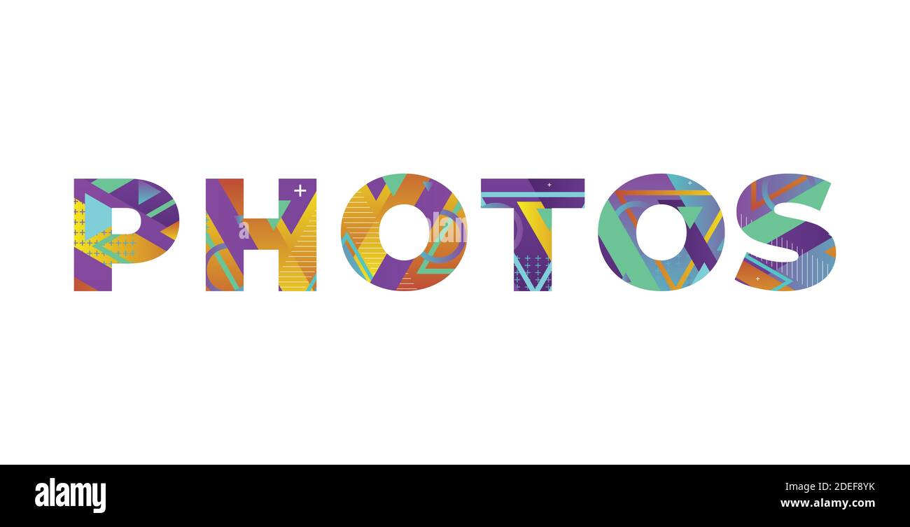 The word PHOTOS concept written in colorful retro shapes and colors ...
