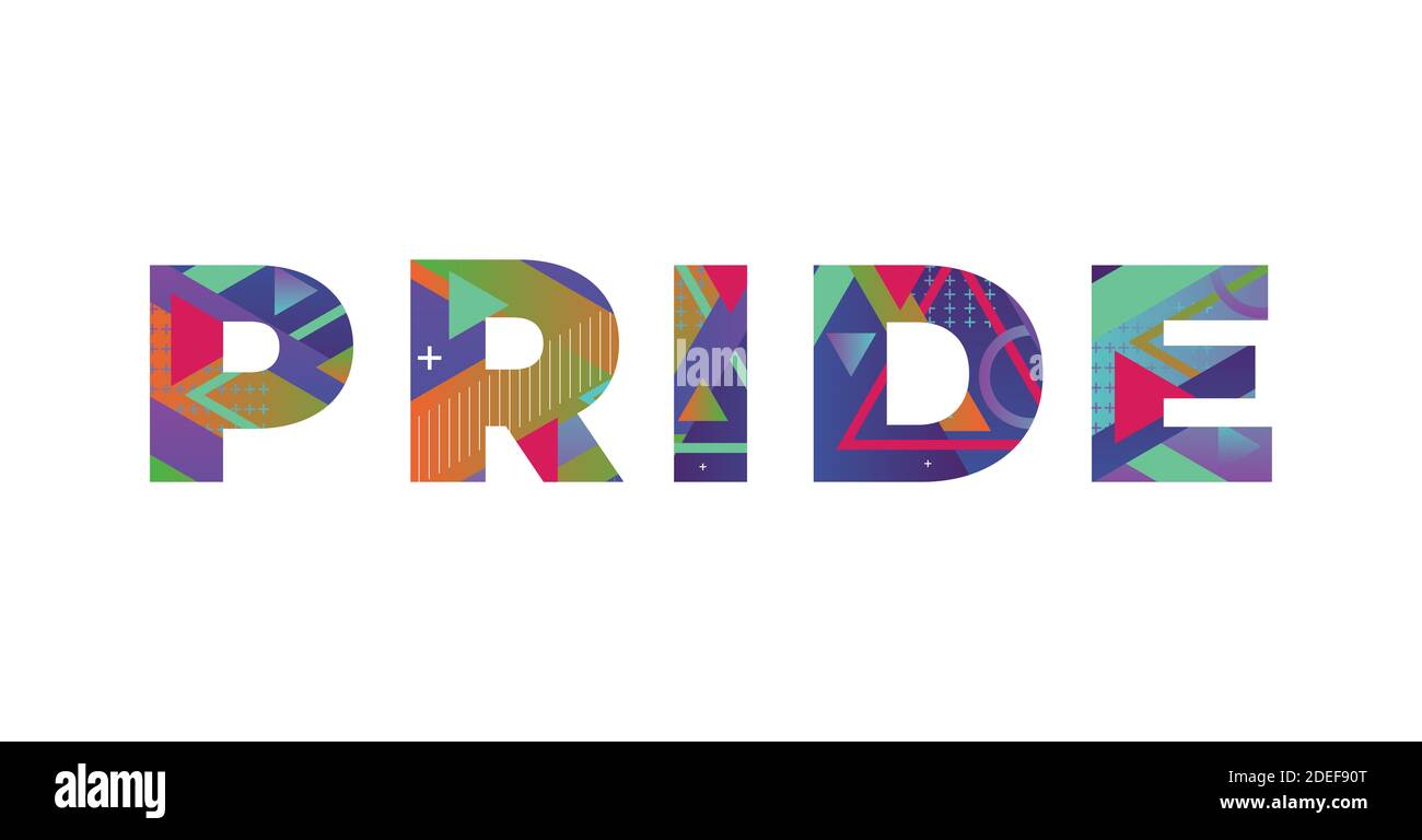The word PRIDE concept written in colorful retro shapes and colors ...