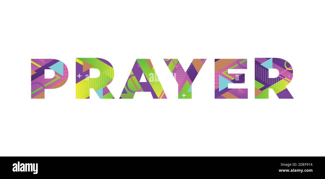 The word PRAY concept written in colorful retro shapes and colors ...