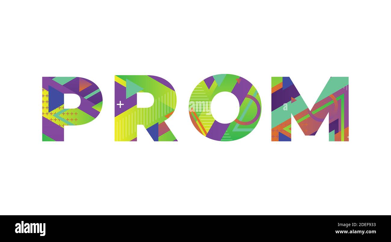 The word PROM concept written in colorful retro shapes and colors ...