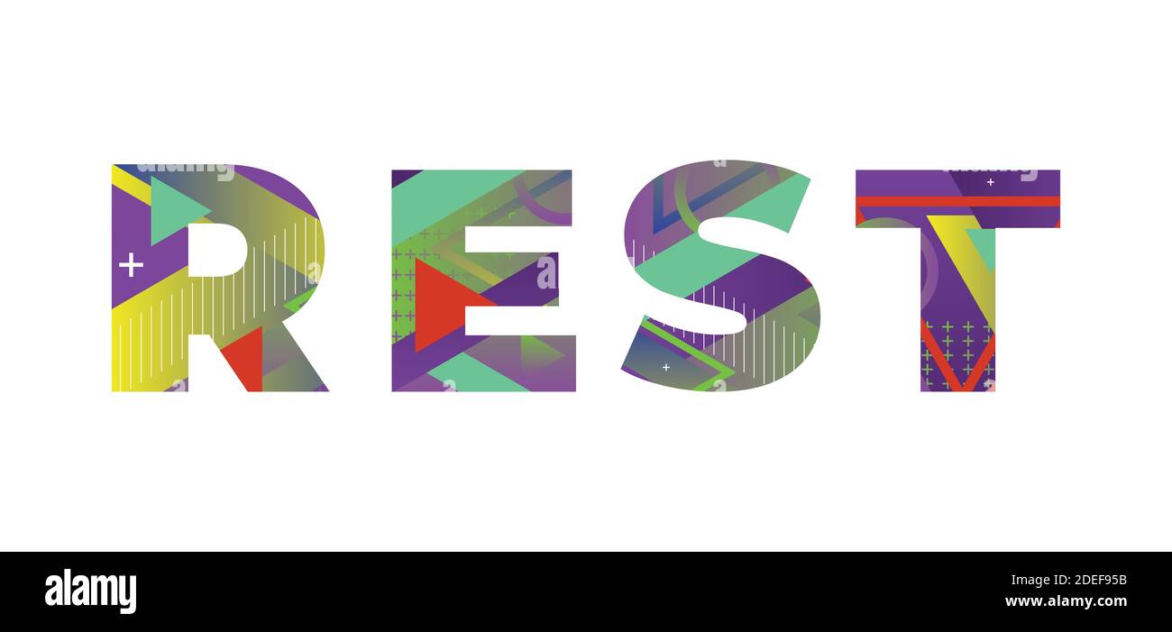 The word REST concept written in colorful retro shapes and colors ...