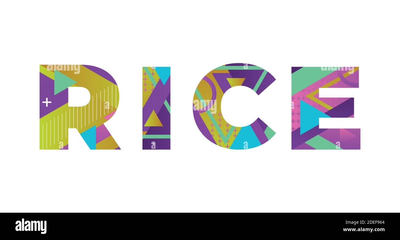 The word RICE concept written in colorful retro shapes and colors ...