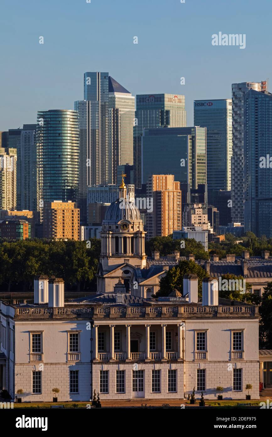 England, London, Greenwich, View of The Queens House and Docklands ...