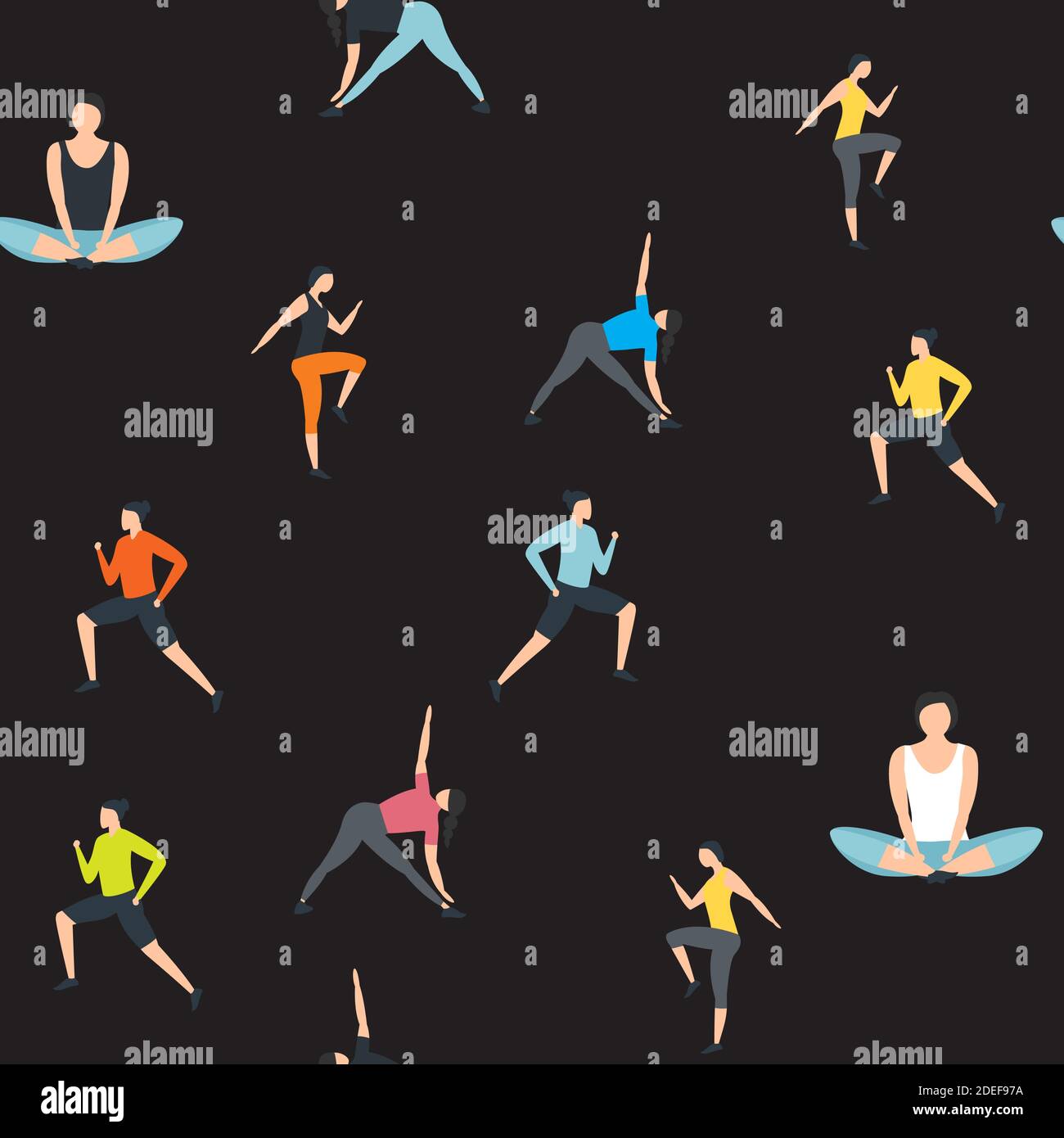 Women dressed in sports clothes in Flat cartoon style seamless pattern ...