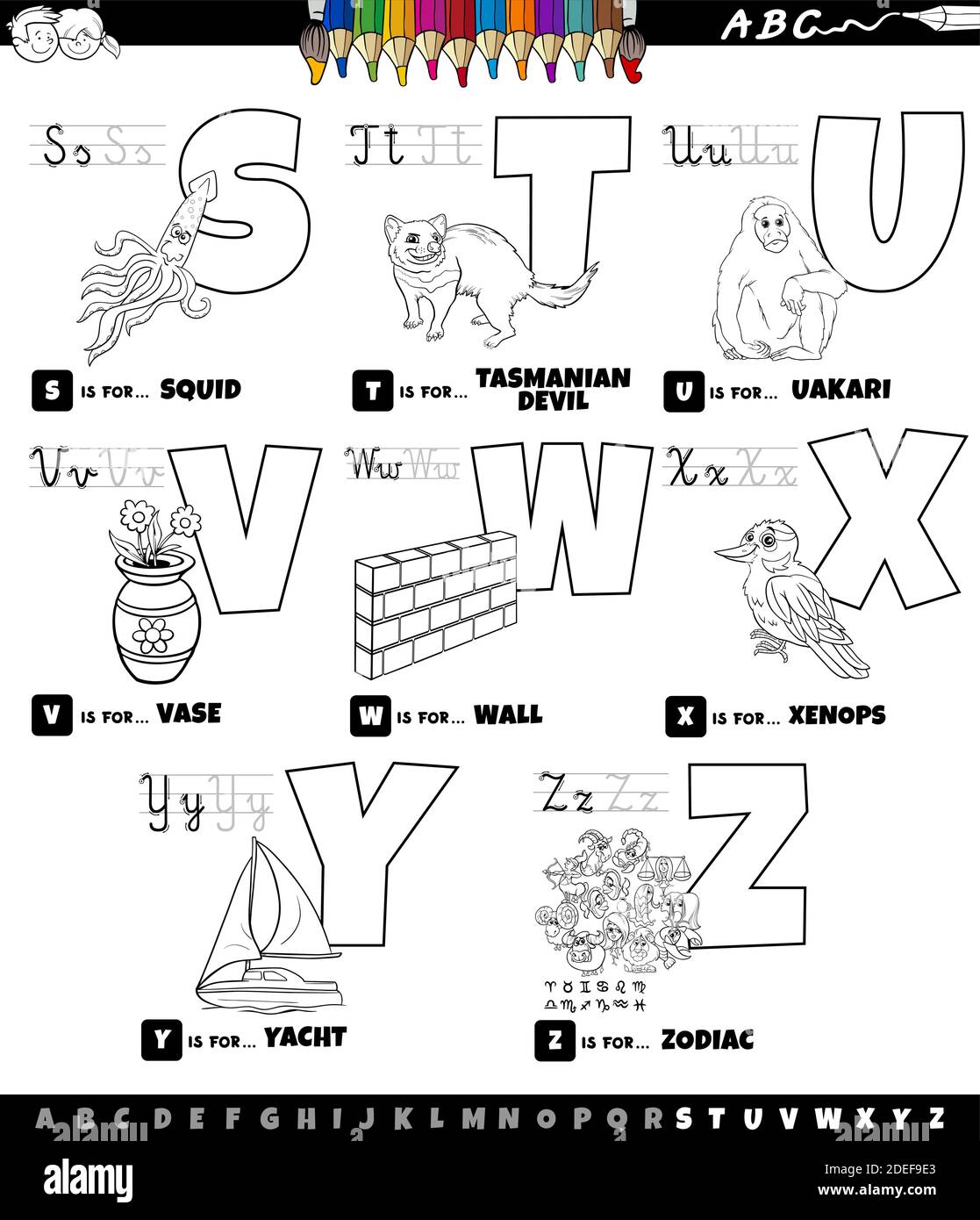 Black and white cartoon illustration of capital letters alphabet ...