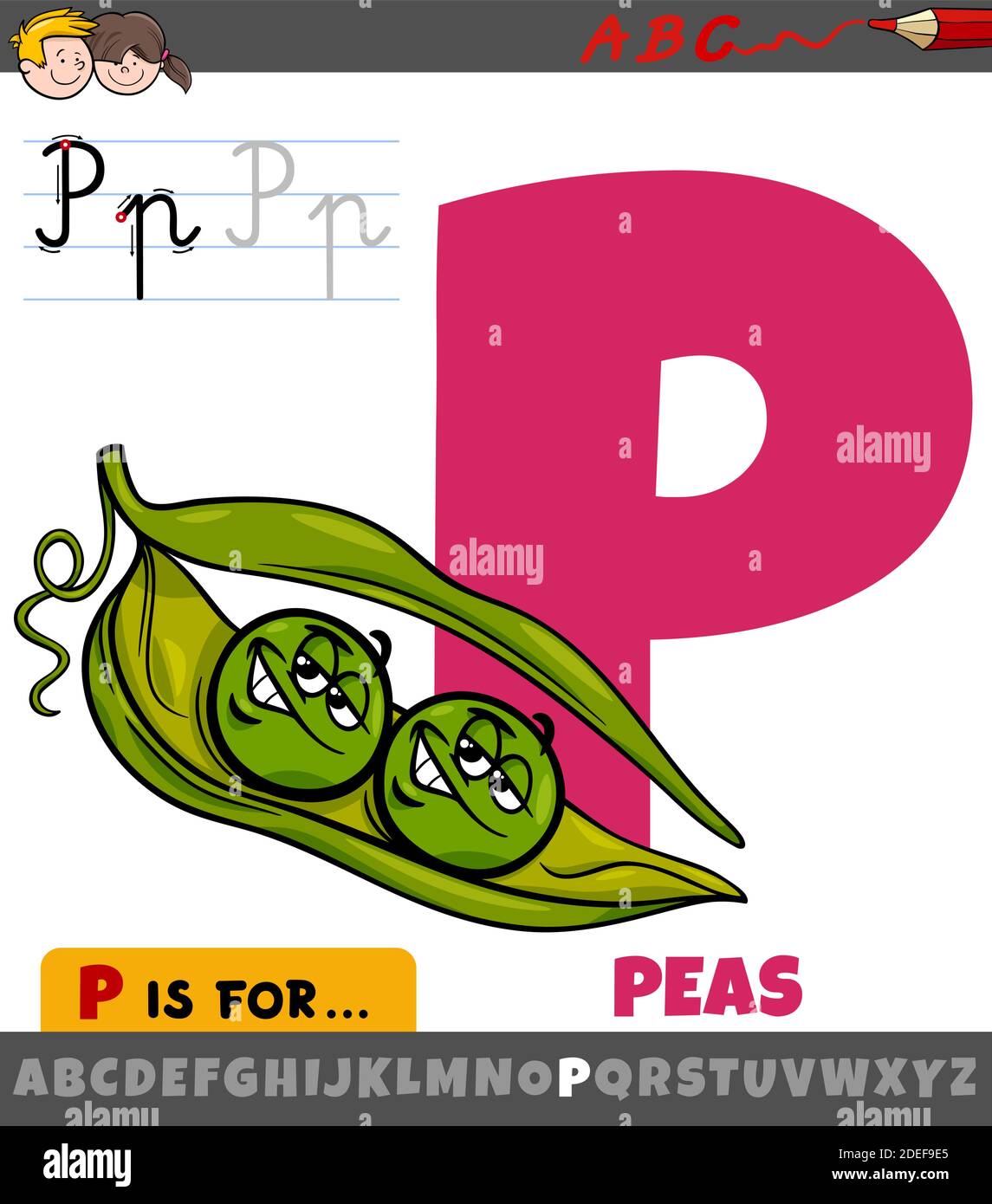 Educational cartoon illustration of letter P from alphabet with peas ...