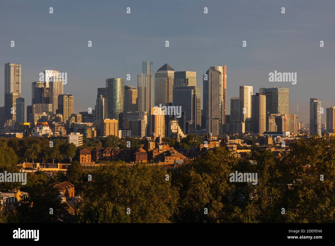 England, London, Greenwich, View of Docklands Skyline from Greenwich ...