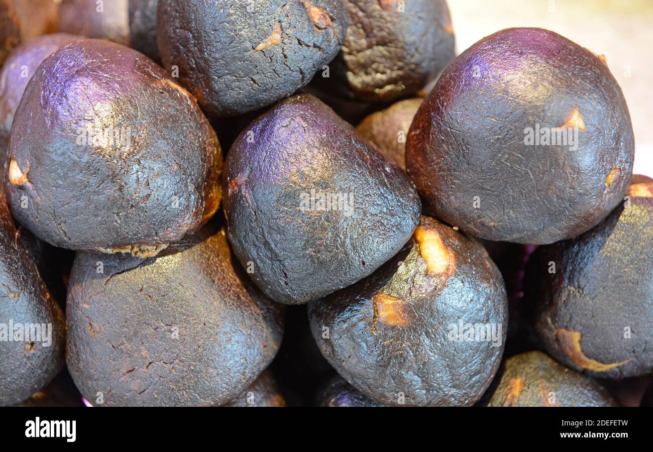 Locally-produced pigs blood tofu on sale at the market in Qingyan ...