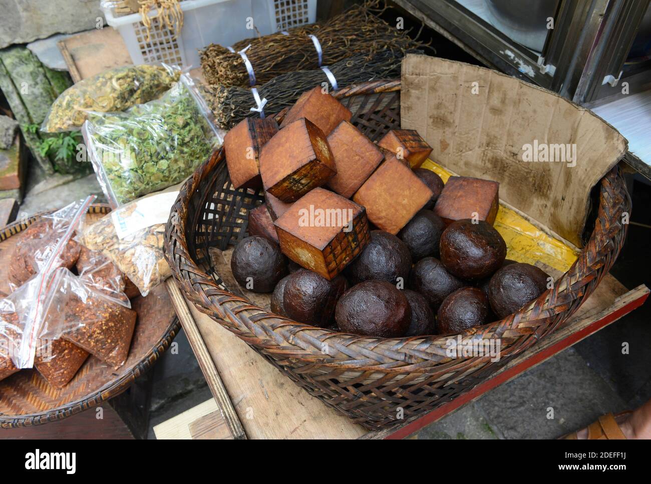 Pigs blood tofu and other locally-produced foods on sale at the market ...