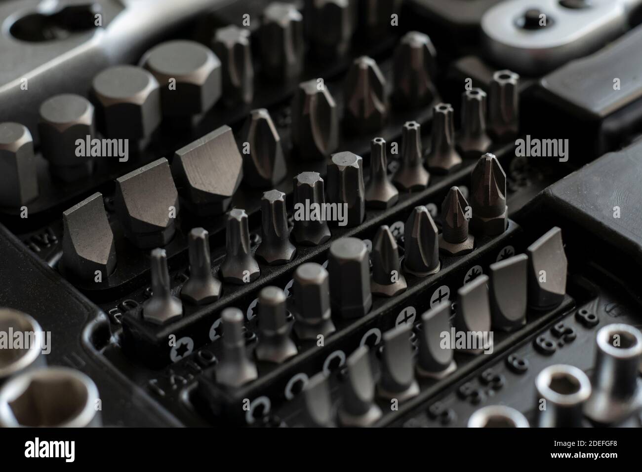 macro view of the toolbox with kit of screwdrivers, manual steel tools ...