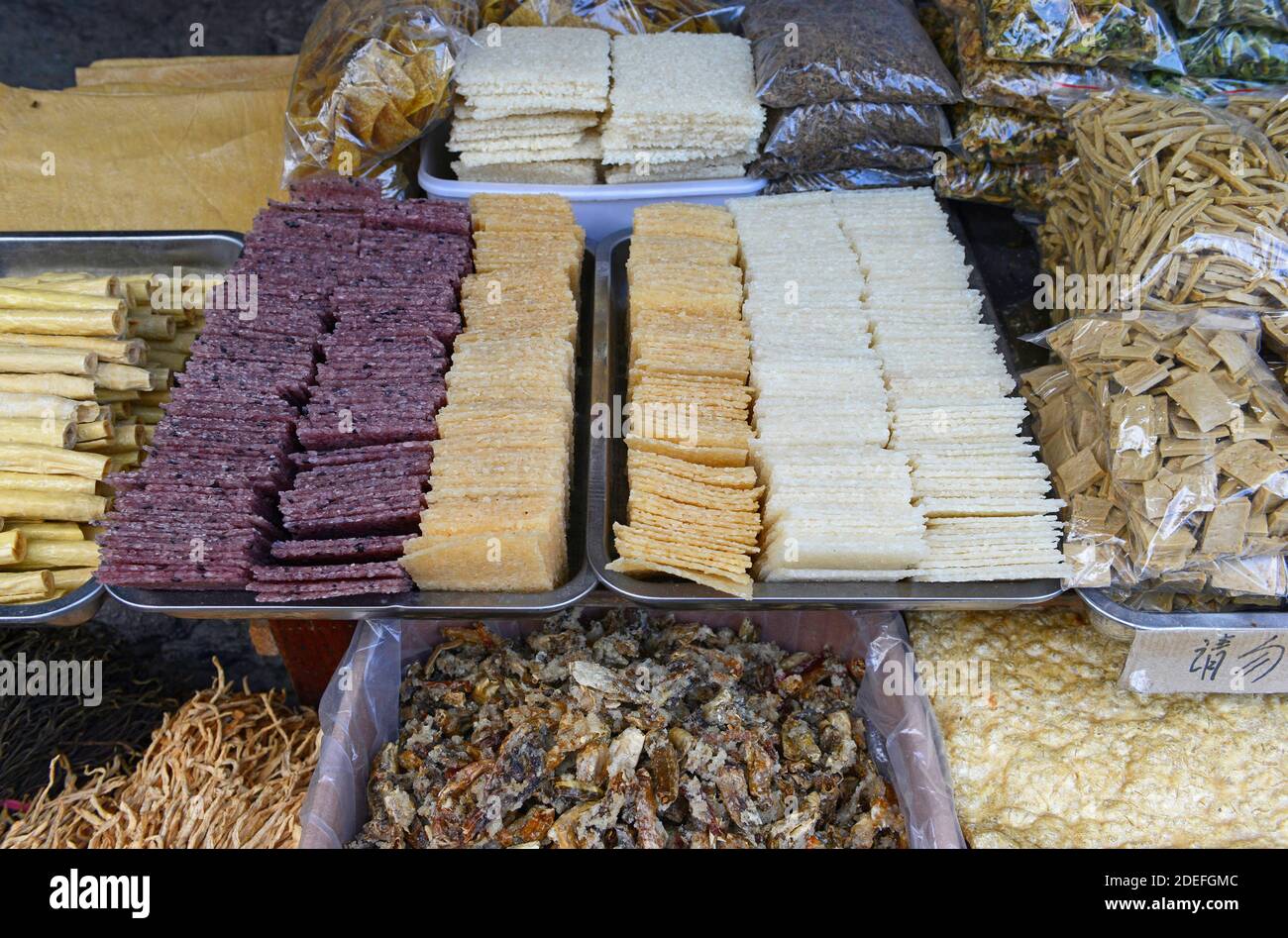 Locally-produced foods on sale at the market in Qingyan ancient town ...