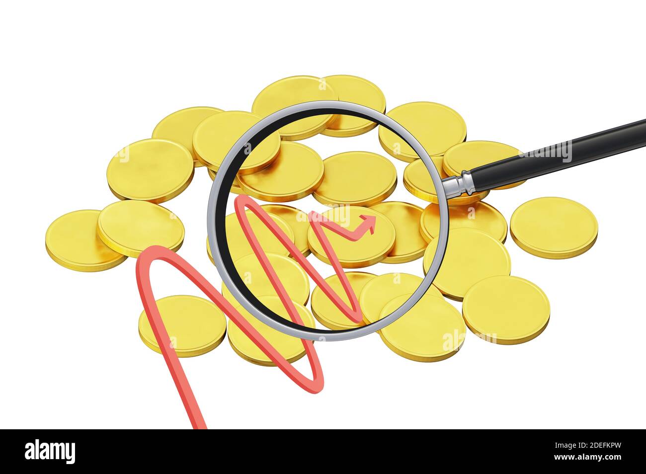 gold coins are scattered on a plane, curved red arrow and magnifier ...