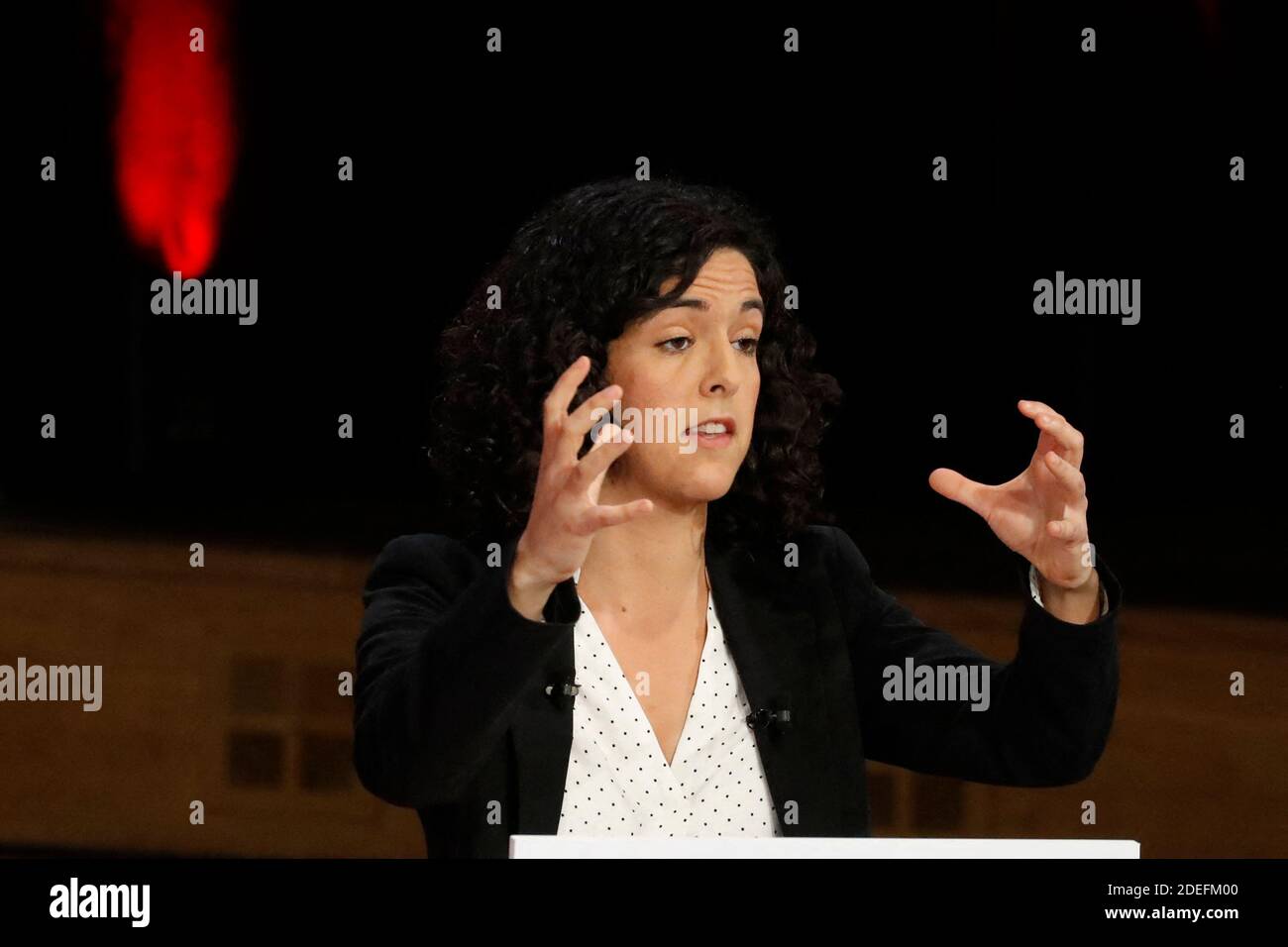 Manon Aubry Head of the La France Insoumise List speaking during the "Great Oral of the 2019 ...