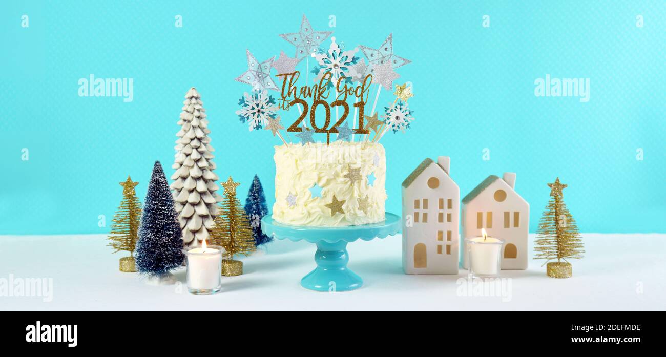 Happy New Year's Eve celebration cake on cake stand in blue white and ...