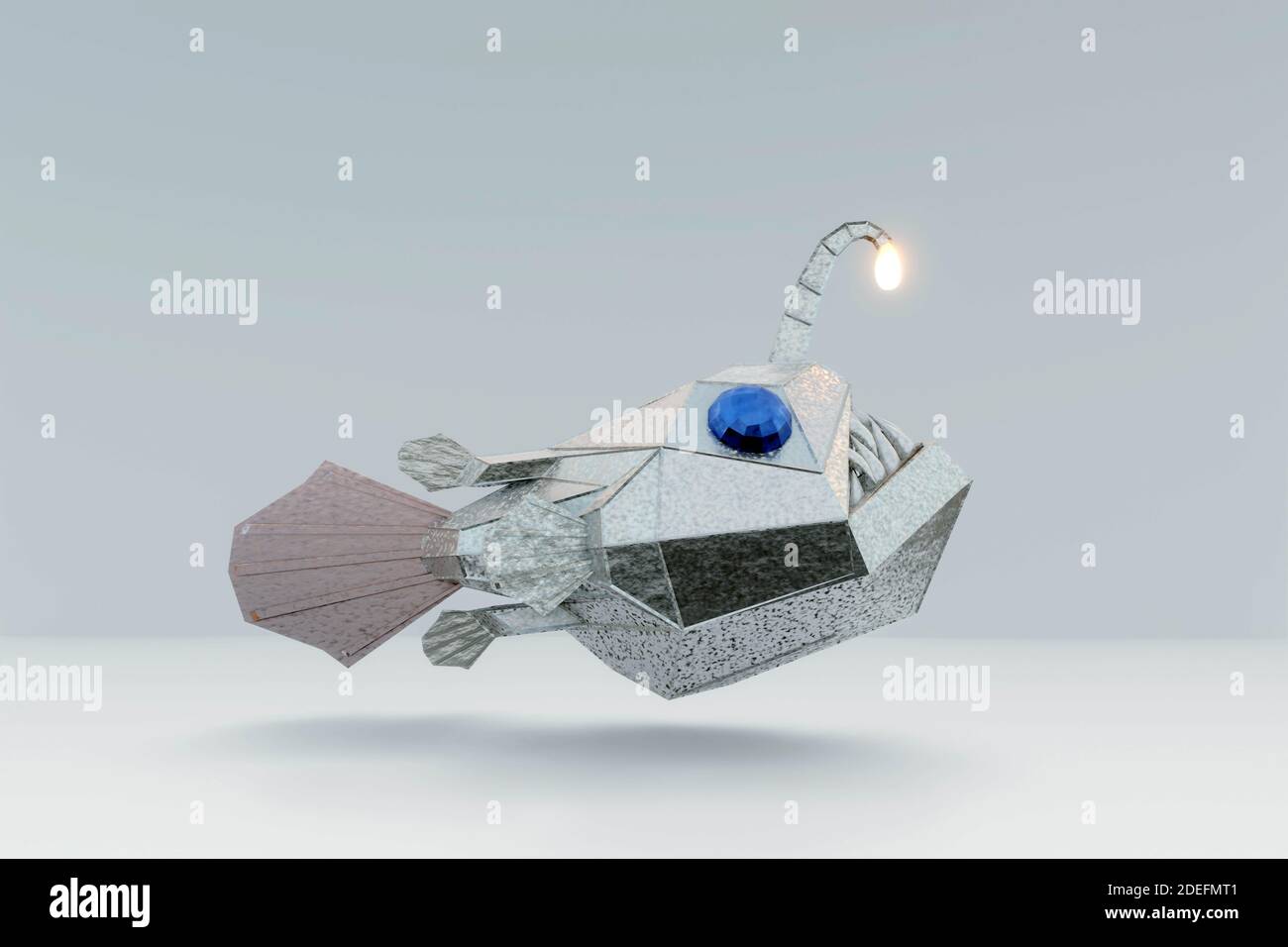 low poly metallic angry deep-sea angler hunts with luminous bait, fish ...