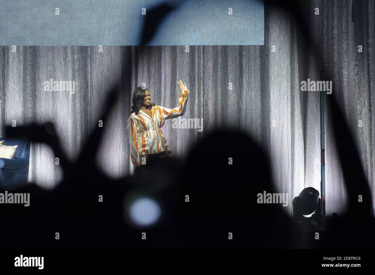Former US first lady Michelle Obama speaks on stage at Accor Hotel ...