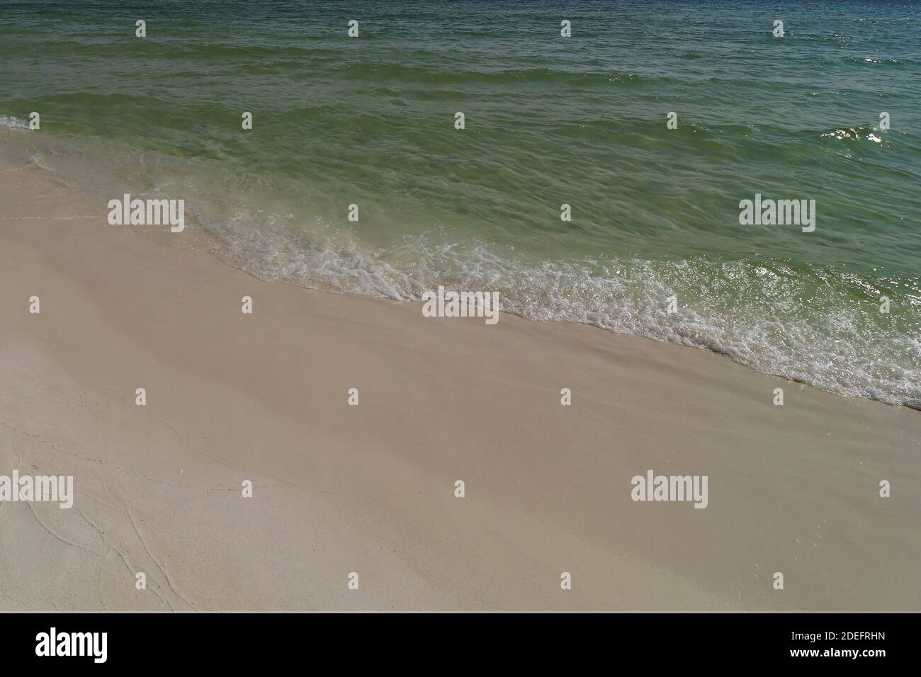 Close-up green wave on the ocean shore, small wave creates foam ...