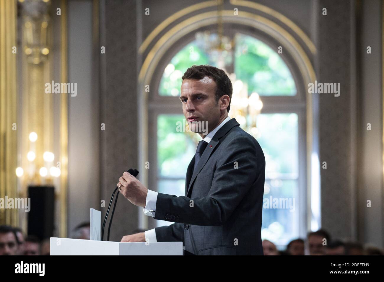 French President Emmanuel Macron delivers a speech during thanks to the ...