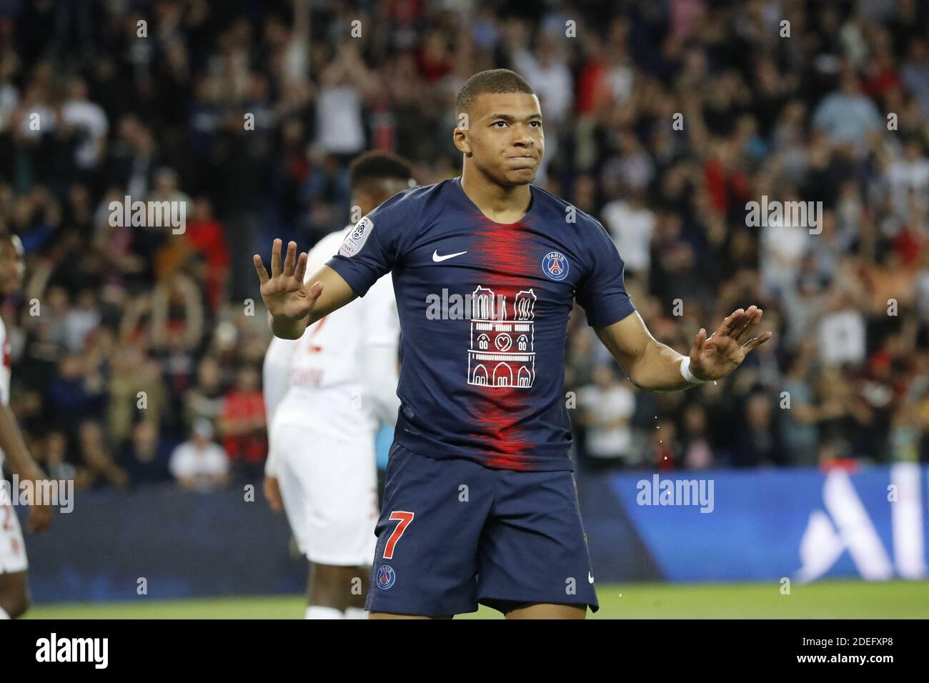 PSG's Kylian Mbappe celebrating after scoring the 1-0 goal during the ...
