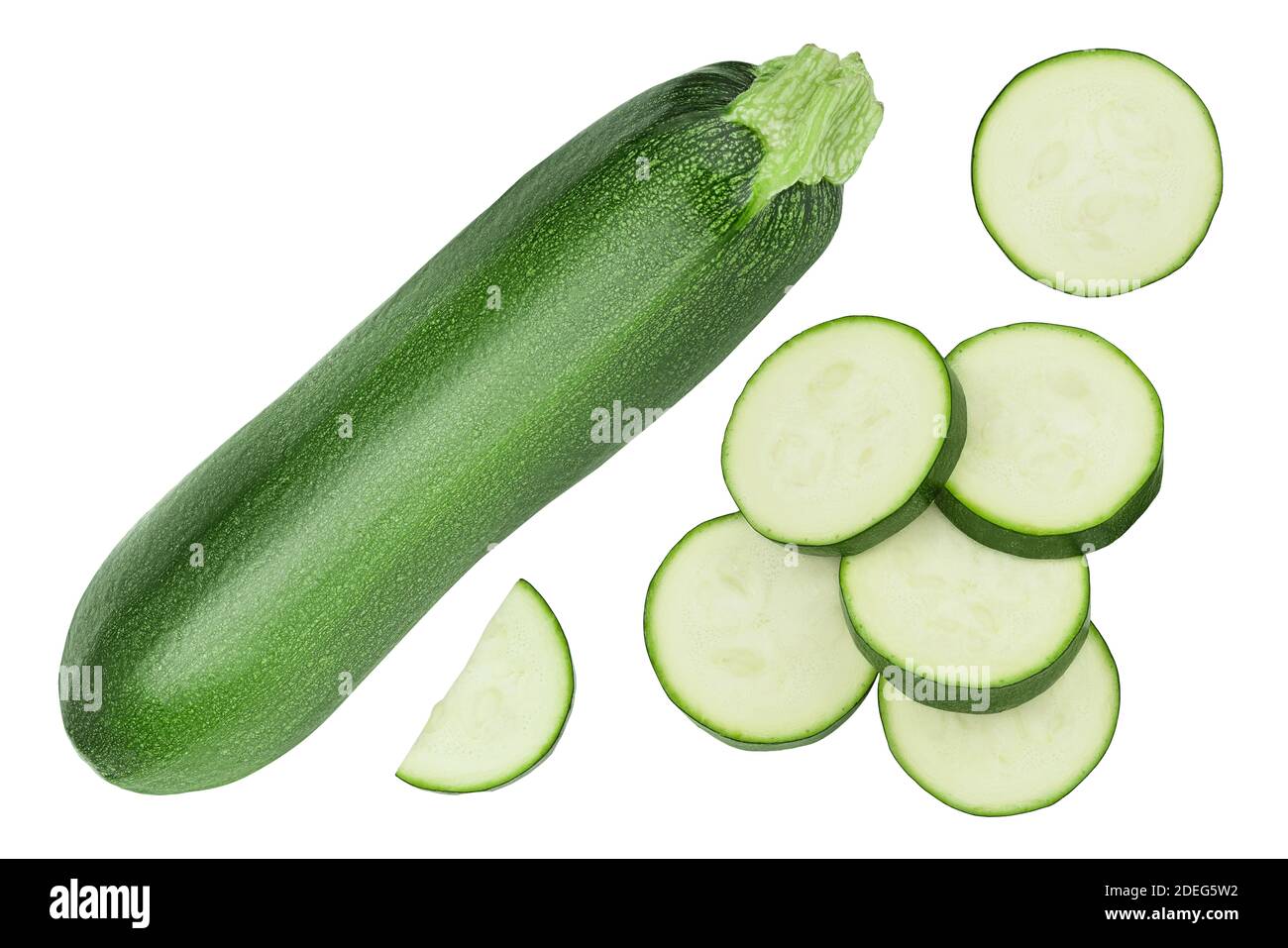 Fresh whole and sliced zucchini isolated on white background with ...
