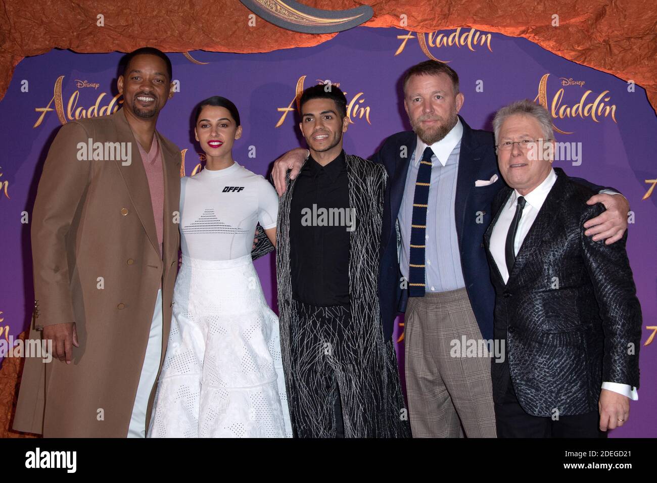 Will Smith, Naomi Scott, Mena Massoud, Guy Ritchie and Alan Menken attending the Aladdin ...