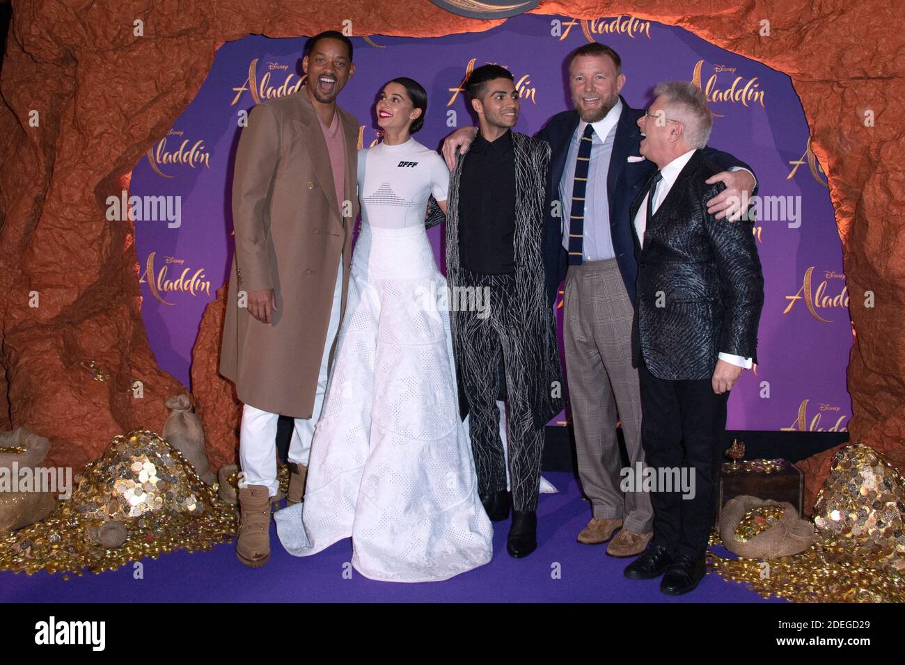 Will Smith, Naomi Scott, Mena Massoud, Guy Ritchie and Alan Menken attending the Aladdin ...