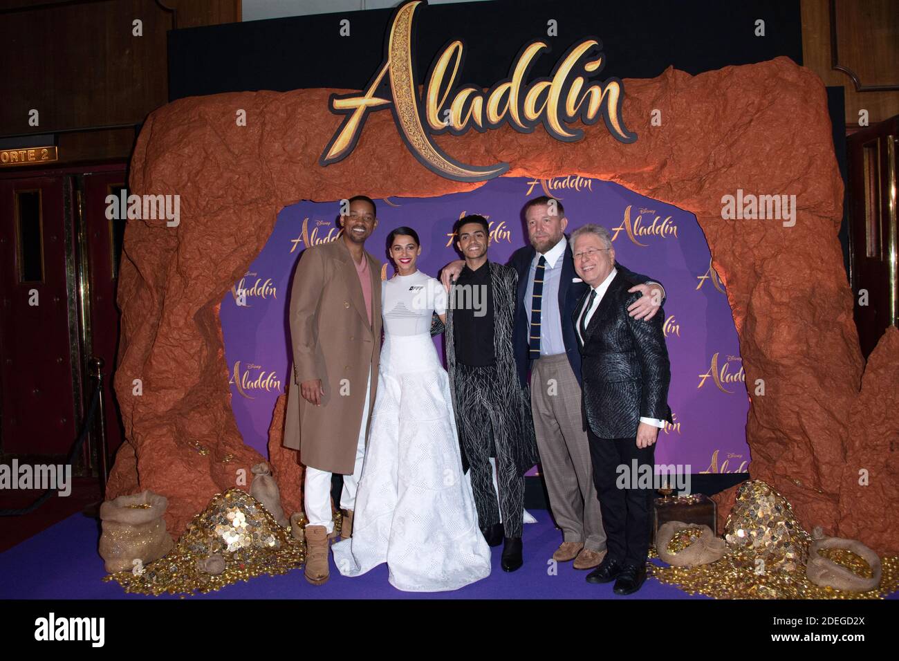 Will Smith, Naomi Scott, Mena Massoud, Guy Ritchie and Alan Menken attending the Aladdin ...