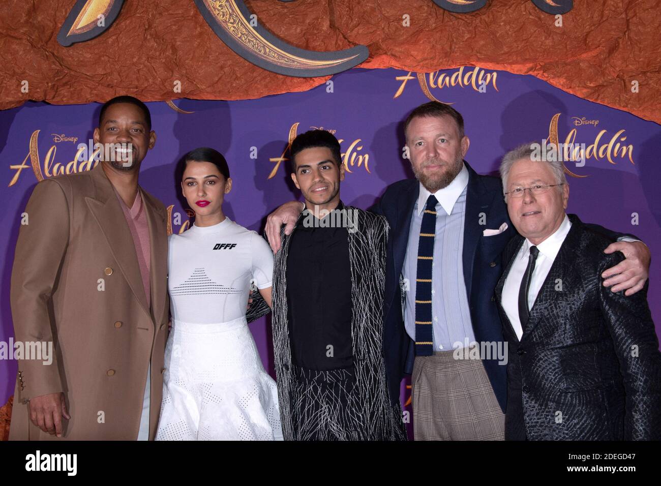 Will Smith, Naomi Scott, Mena Massoud, Guy Ritchie and Alan Menken attending the Aladdin ...