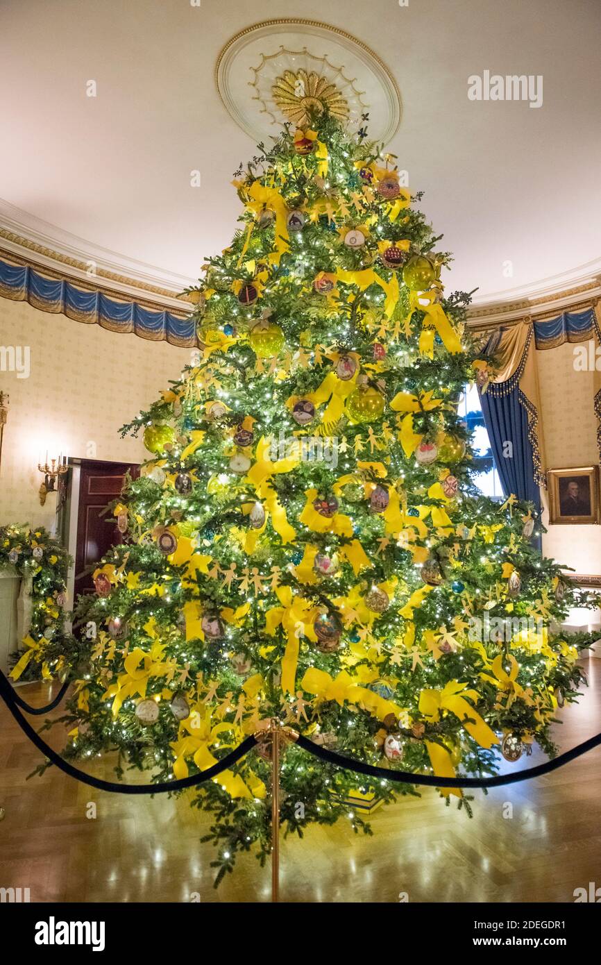 The Blue Room of the White House is decorated with a Fraser fir, the ...