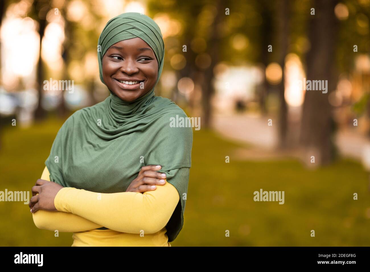 Modern Muslim Woman. Portrait Of Black Islamic Lady In Hijab Standing ...