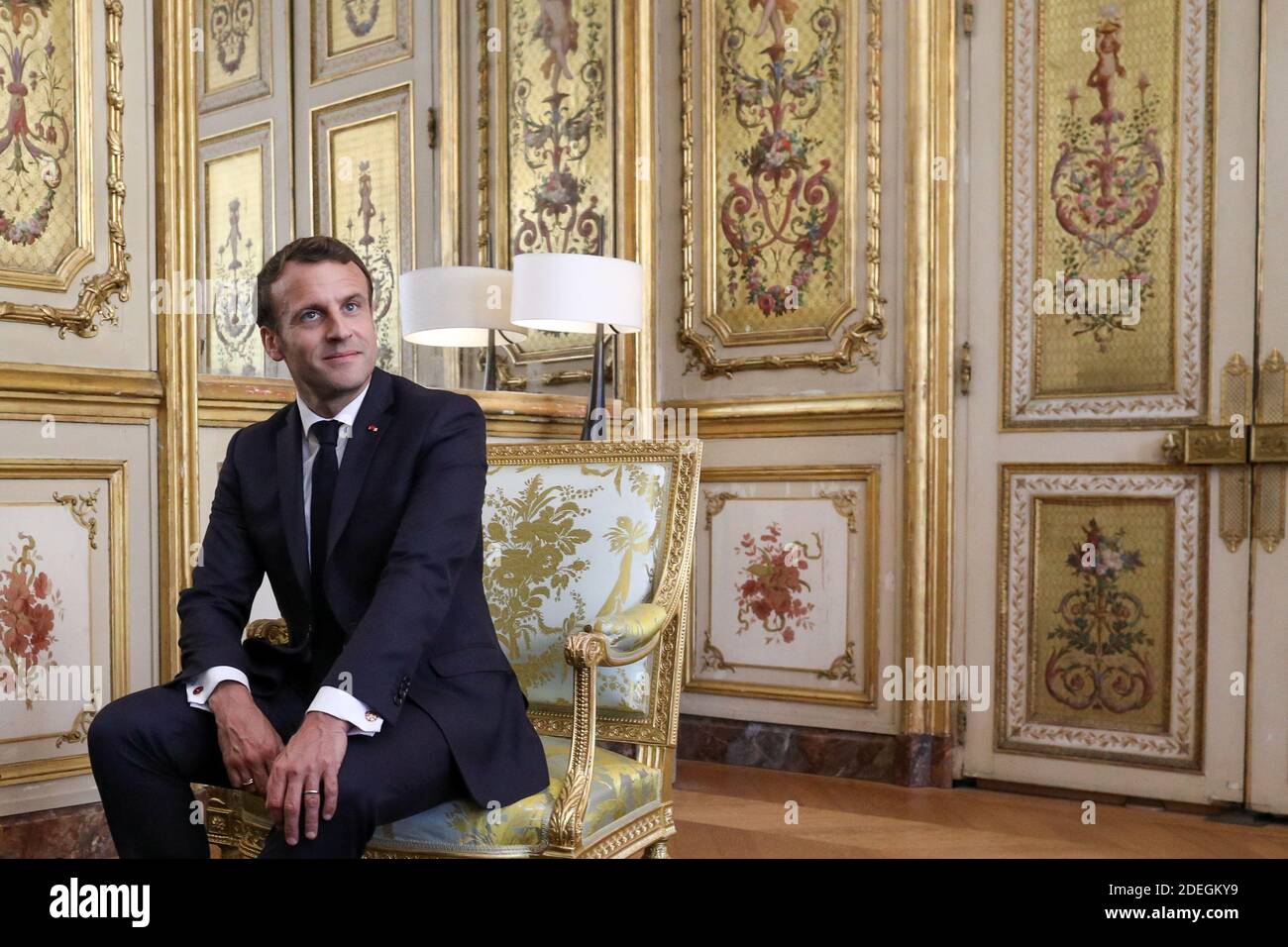 French president Emmanuel Macron receives the president of the Republic ...